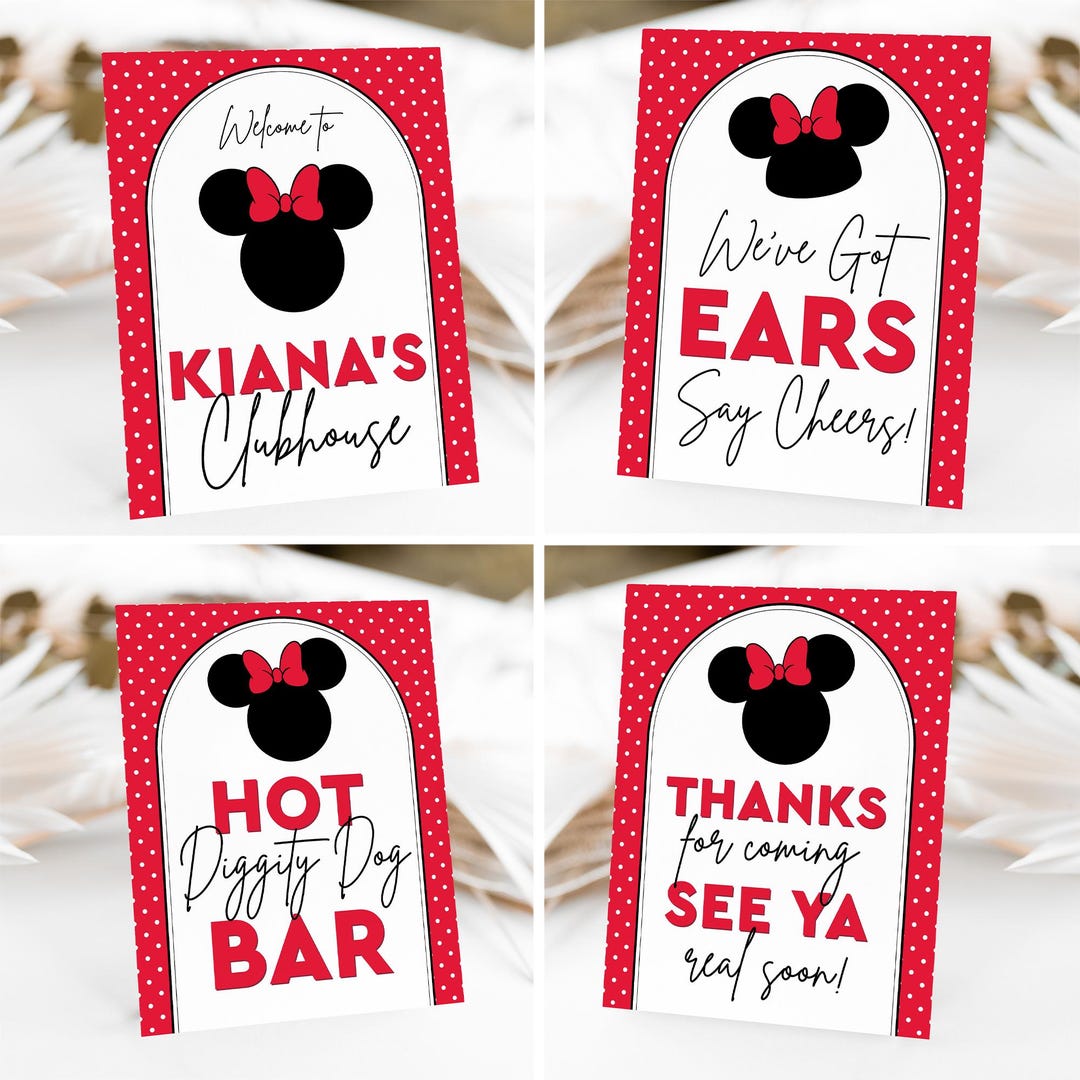 Editable Minnie Birthday Signs in Red Modern Minnie Mouse Party Signs ...