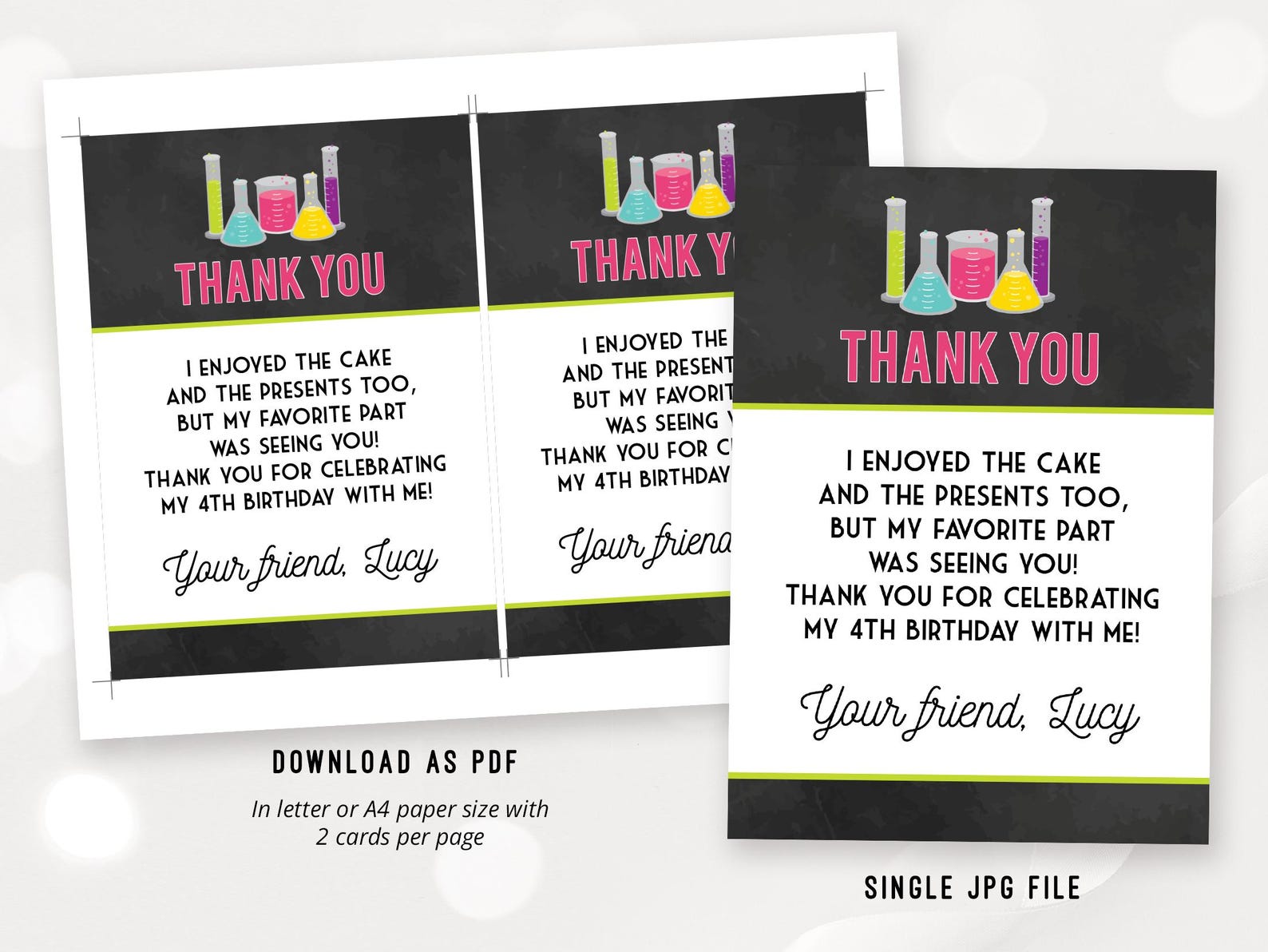 Science Party Thank You Card in Pink - Printable Science Thank You Card ...
