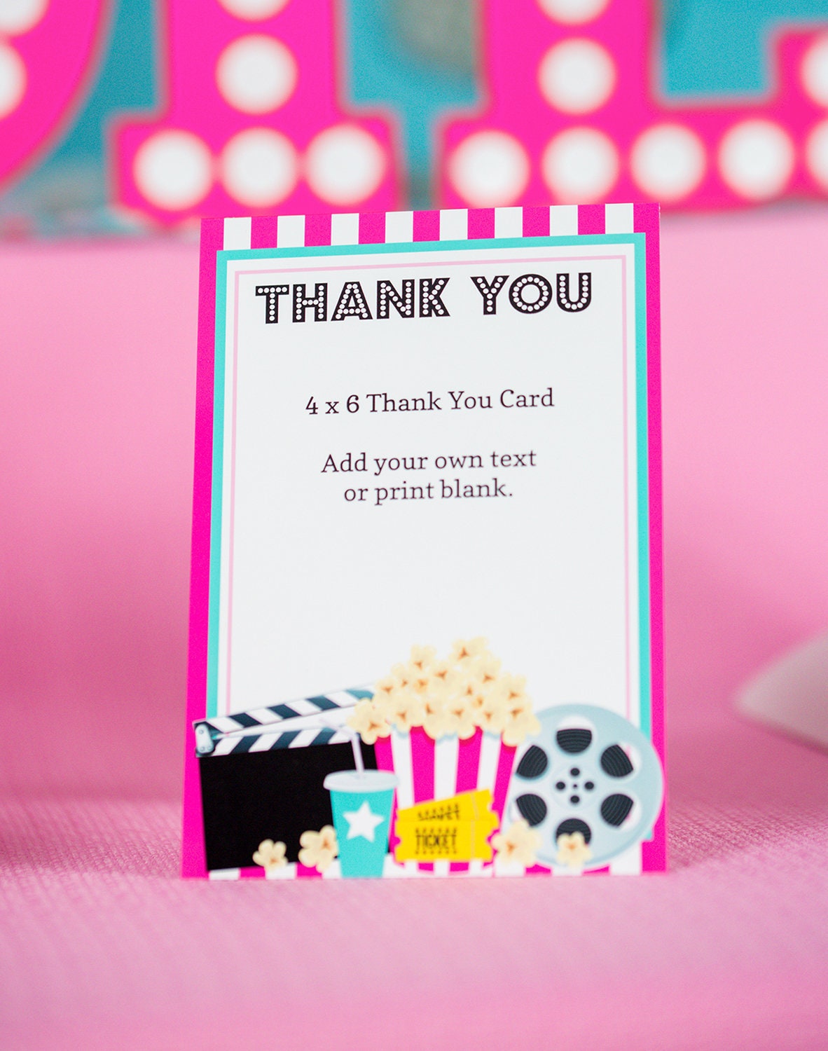 Movie Party Thank You Card in Pink Printable Movie Night | Etsy