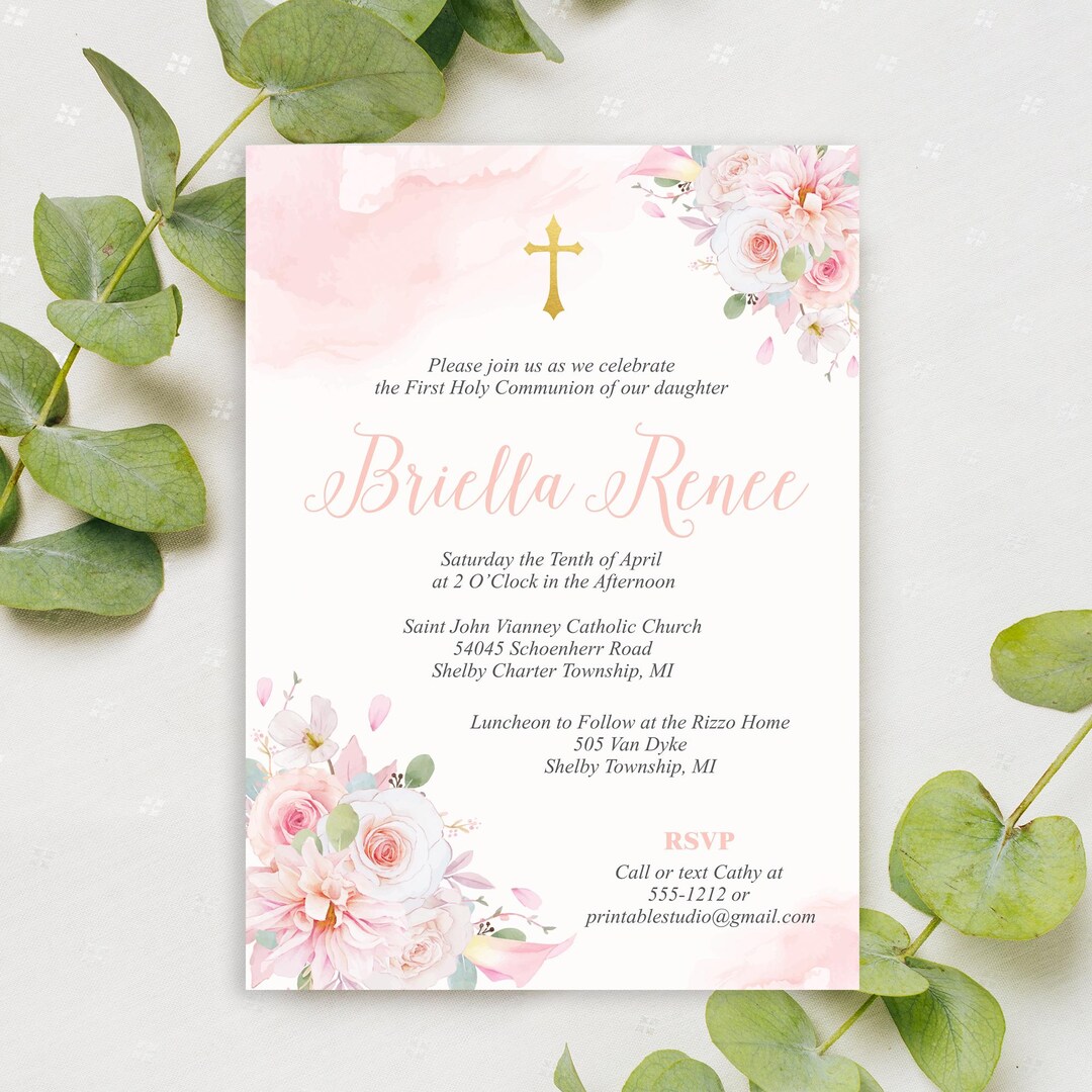 First Communion Invitation for Girls Communion Invitations Girls Pink ...
