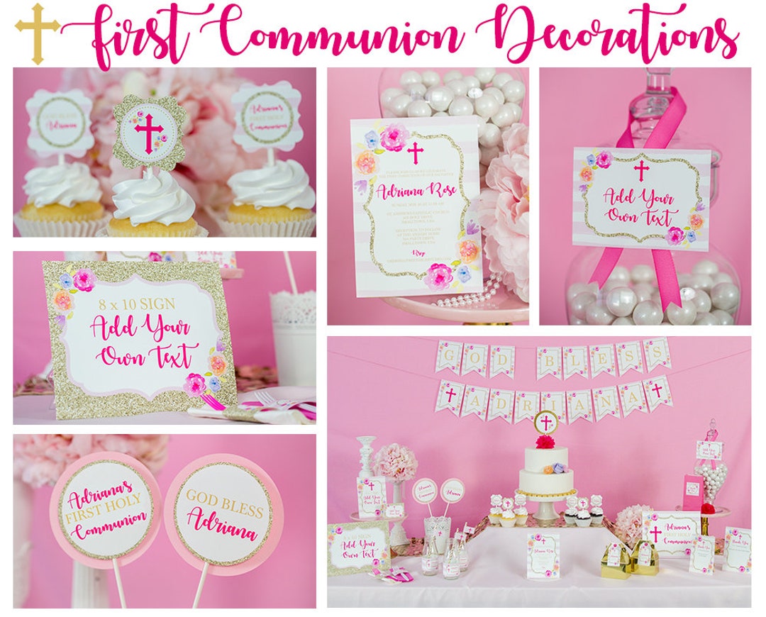 First Communion Decorations in Pink Gold and Floral Instant Download ...