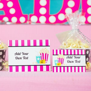 Movie Party Food Labels in Pink, Movie Night Buffet Table Signs, Movie ...