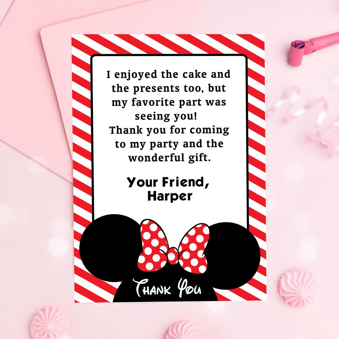 Minnie Thank You Card in Re, Printable Minnie Thank You Card, Minnie ...