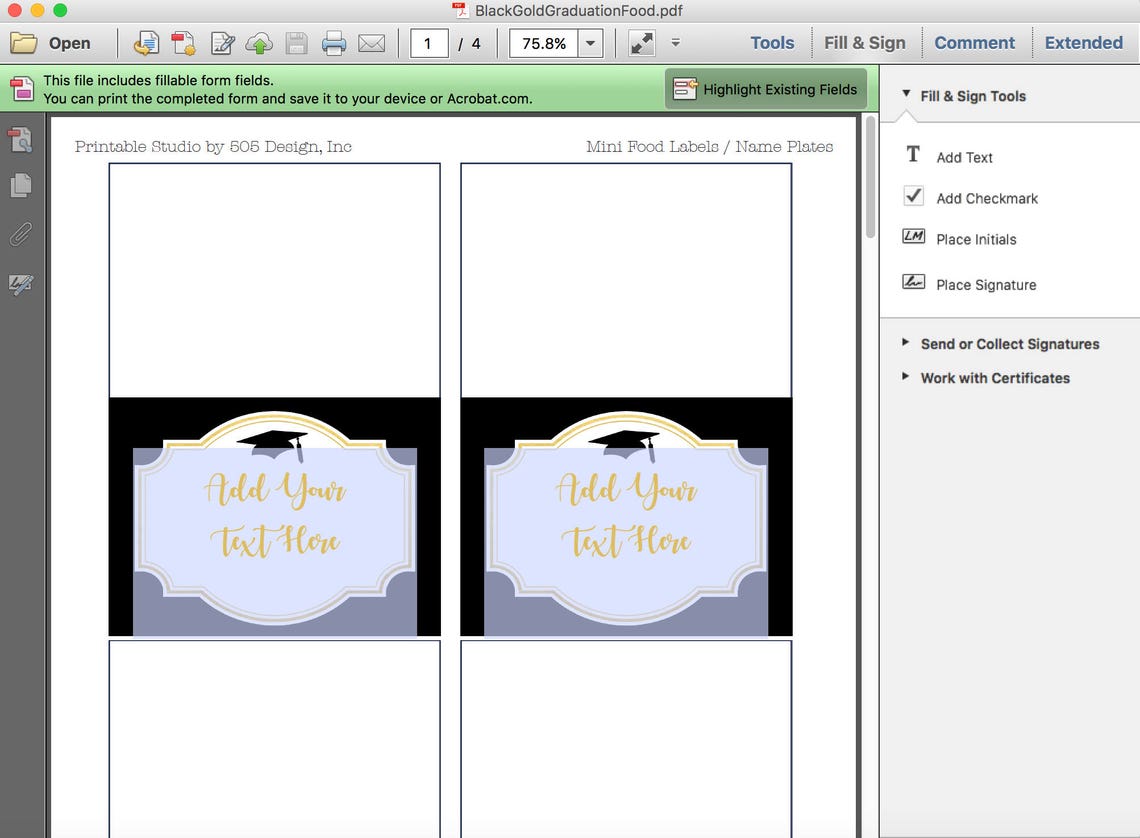 Graduation Party Food Labels INSTANT DOWNLOAD Gold Black - Etsy