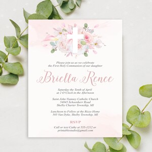 Pink First Holy Communion Invitation Template, Pink Watercolor ...