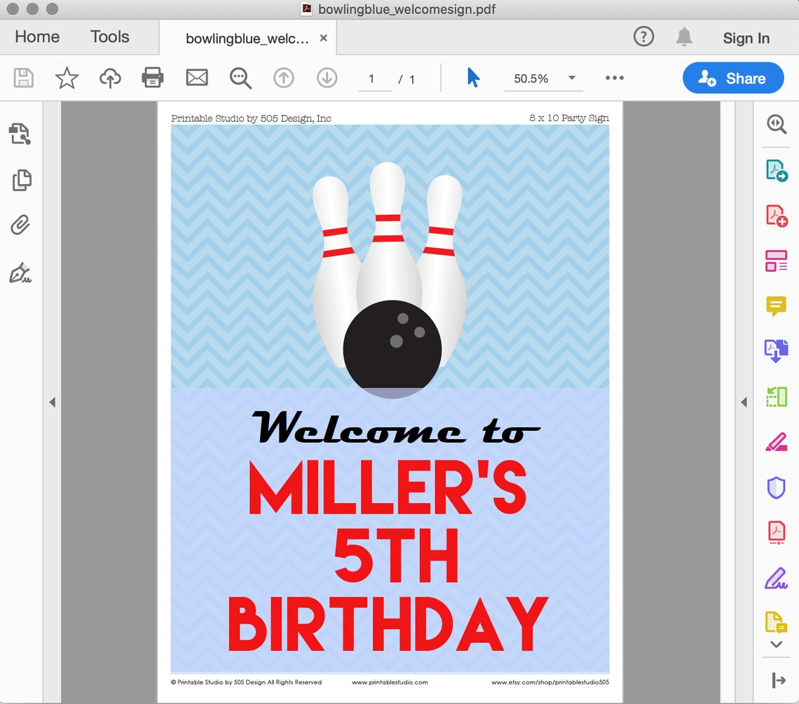 Bowling Party Welcome Sign in Blue Printable Bowling Party | Etsy