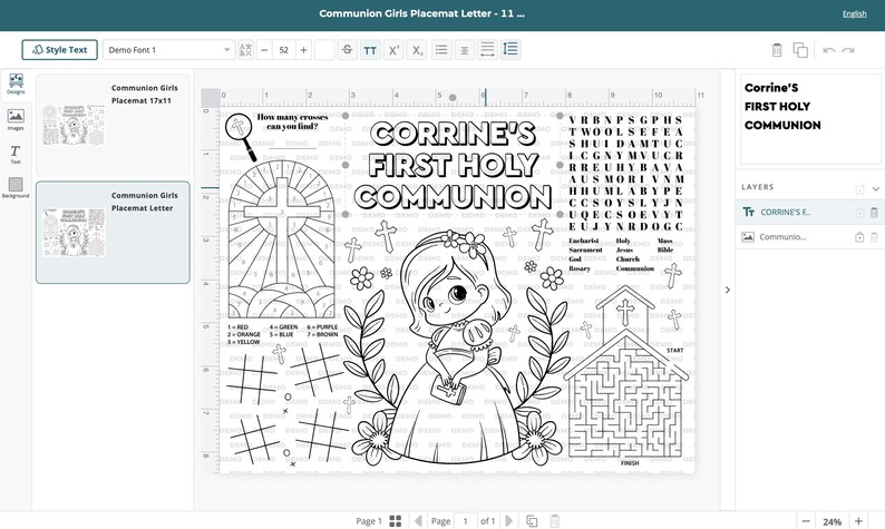 Girls First Communion Coloring Placemat: Printable Activity Page (PDF ...
