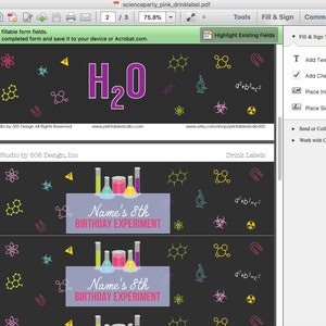 Science Party Drink Labels Science Party Water Label H2O - Etsy Australia