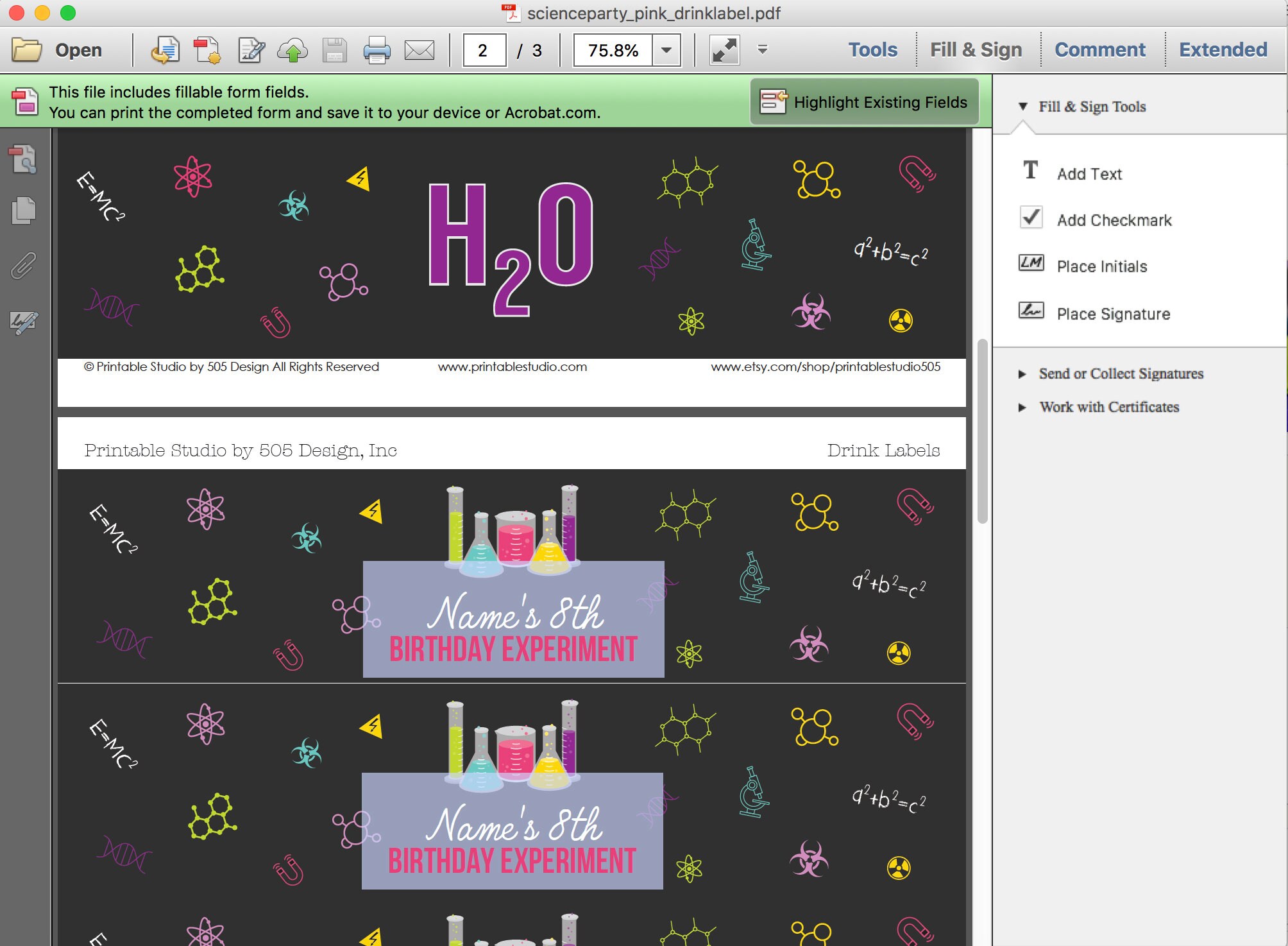 Science Party Drink Labels Science Party Water Label H2O | Etsy