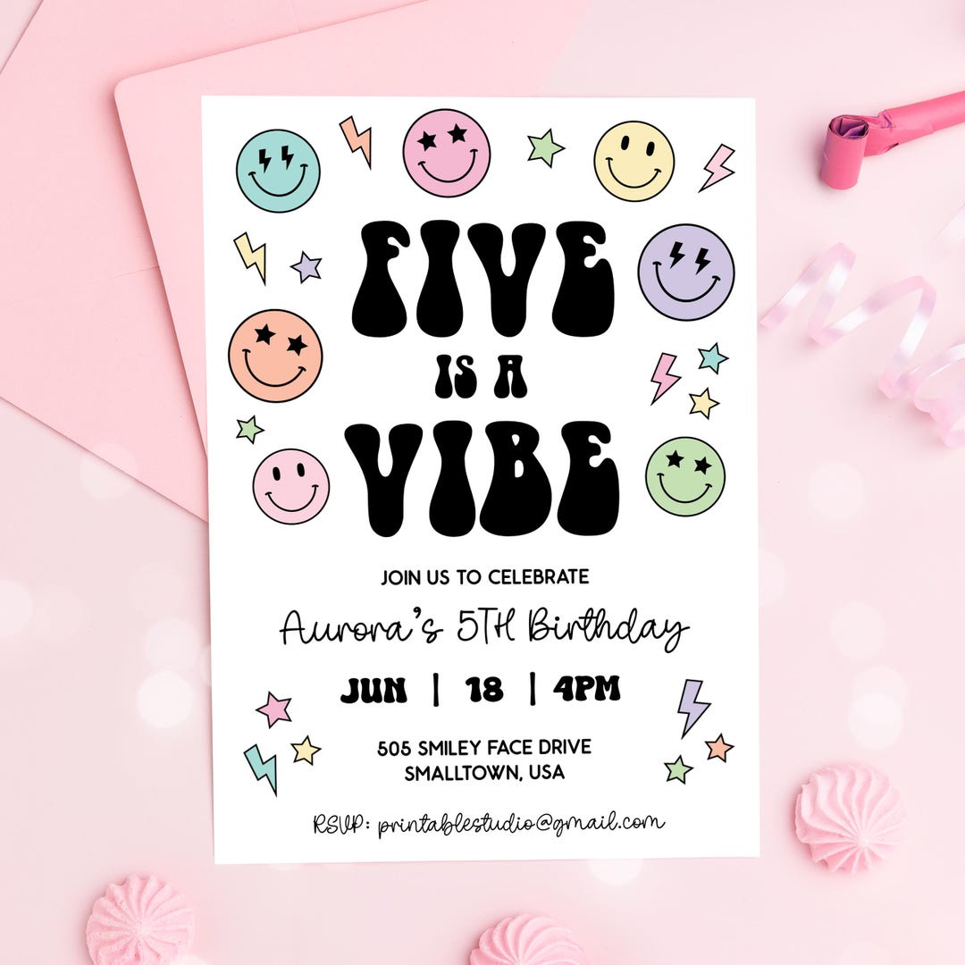 Five is a Vibe Smiley Face Birthday Invitation - Pastel Smiley Birthday ...