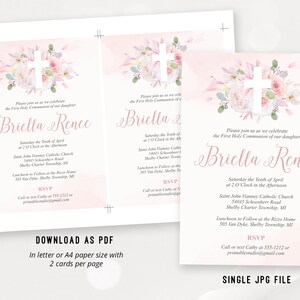 Pink First Holy Communion Invitation Template, Pink Watercolor ...
