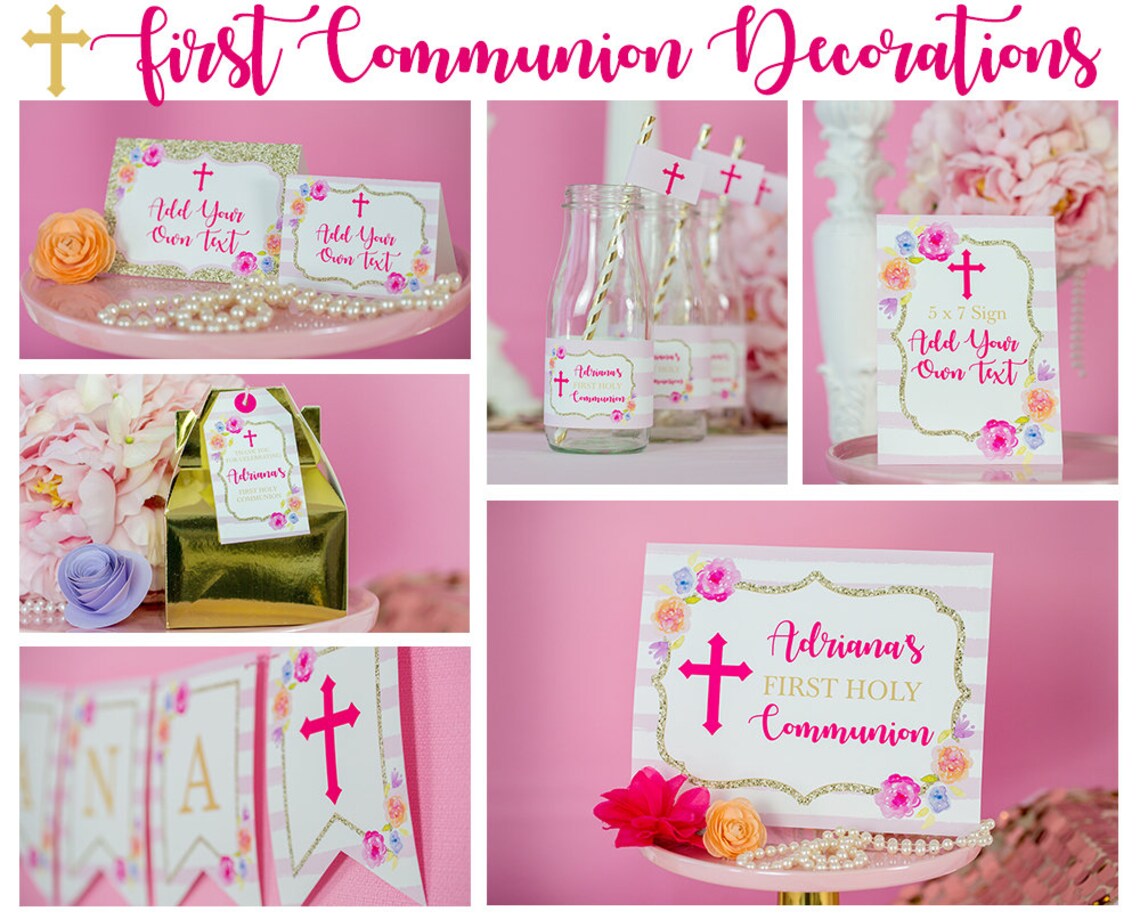 First Communion Decorations in Pink Gold and Floral Instant | Etsy