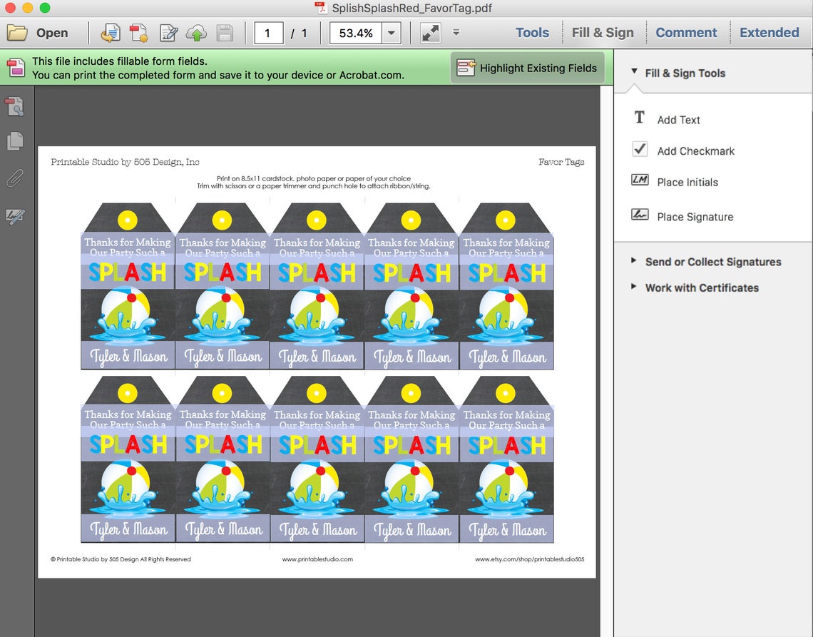 Pool Party Favor Tag Printable Splish Splash Favor Tags - Etsy