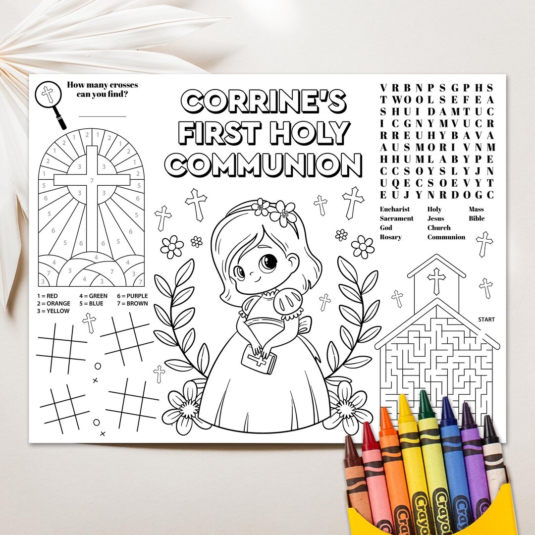 Girls First Communion Coloring Placemat: Printable Activity Page (PDF ...