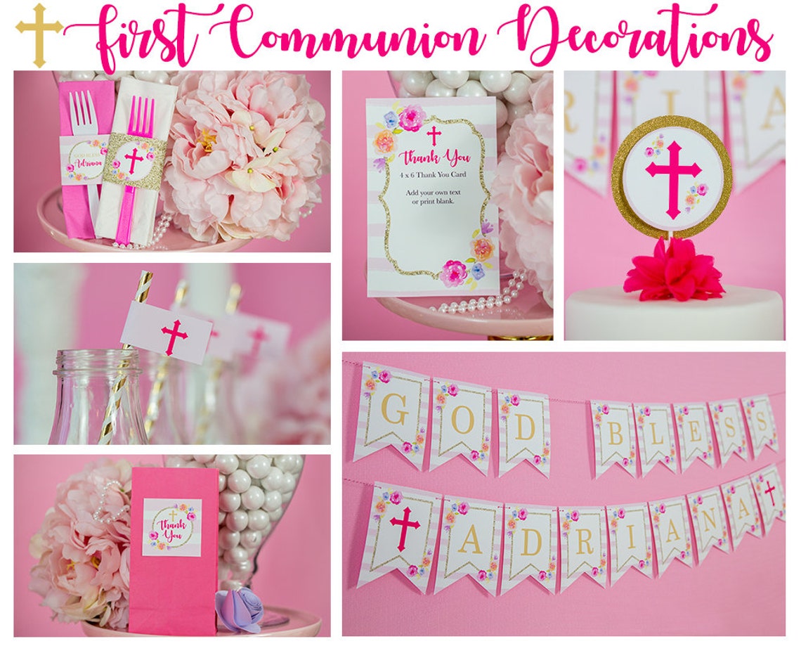 First Communion Decorations in Pink Gold and Floral Instant | Etsy