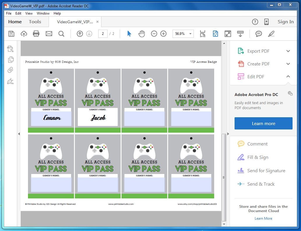 Video Game Party VIP Pass Printable Video Game VIP Pass - Etsy