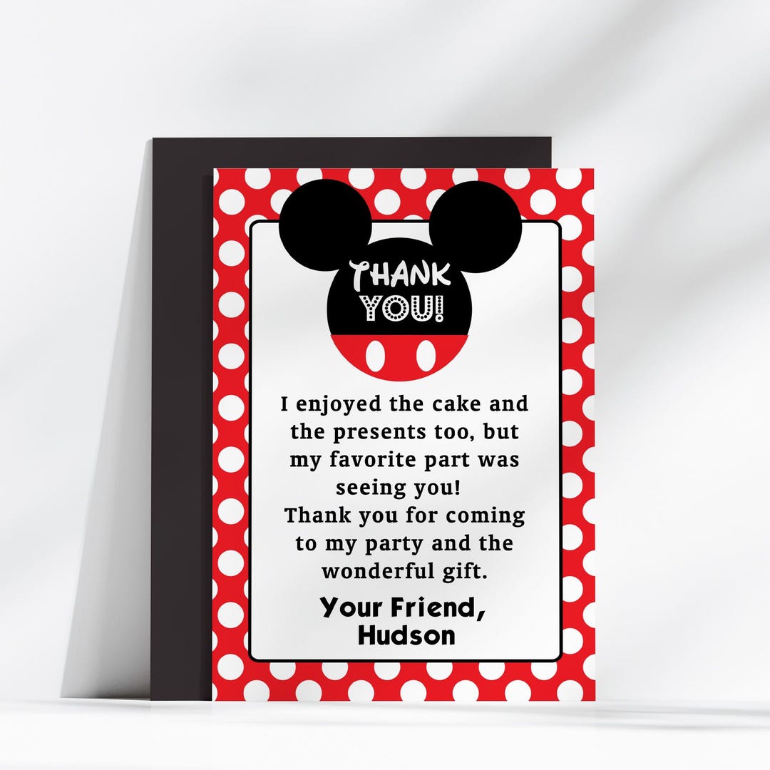 Mickey Mouse Thank You Card INSTANT DOWNLOAD - Printable Mickey Thank ...