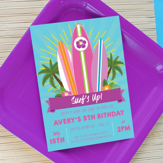 Surf's Up Invitation - Printable Girls Surfing Party Invitation ...