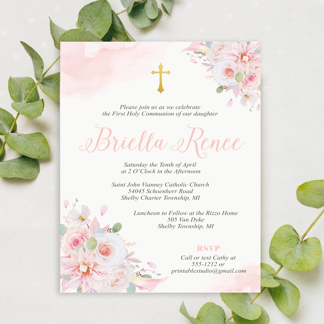 First Communion Invitation for Girls Communion Invitations Girls Pink ...