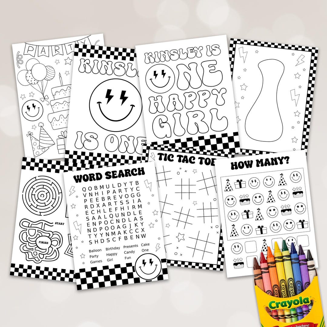 ONE Happy Girl Party Coloring Pages, Smiley Face Activity Pages, One ...