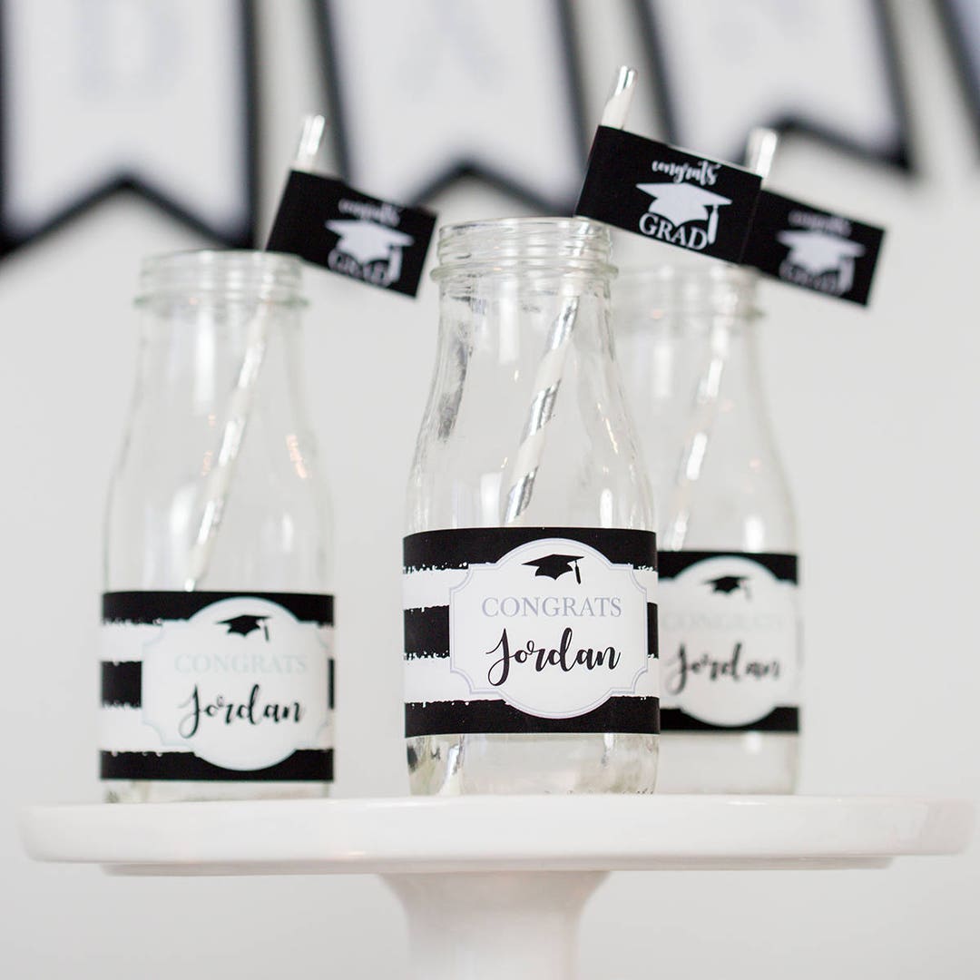 Graduation Water Bottle Labels in Silver and Black Graduation Drink ...