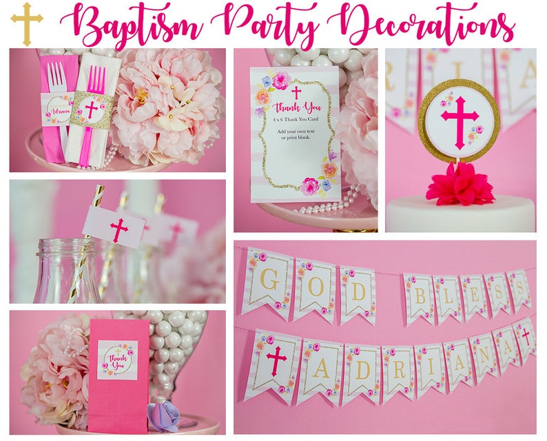 Baptism Decorations in Pink Gold and Floral Instant Download | Etsy