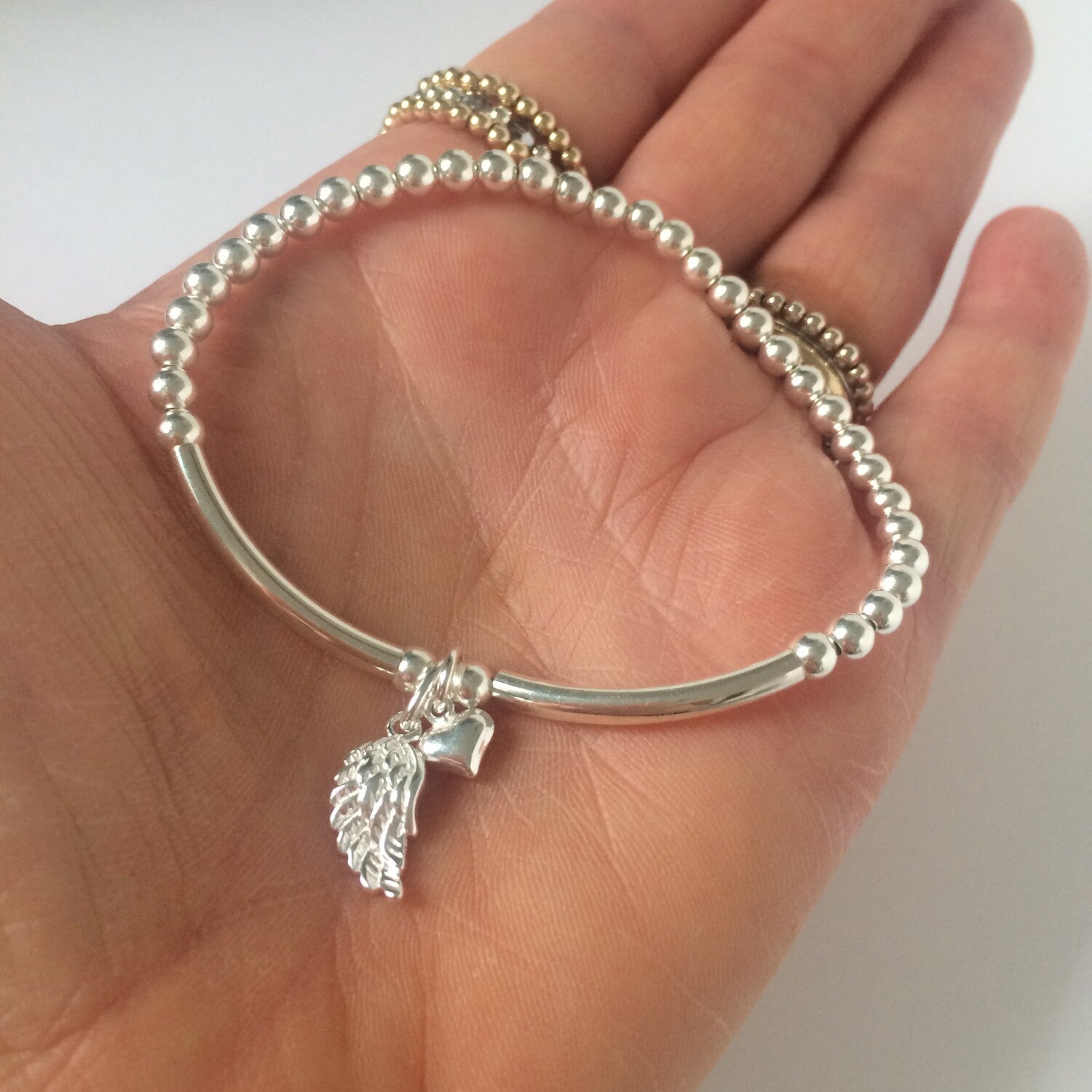 Sterling Silver Bracelets for Women, Angel Wing Heart Charms, 4mm ...