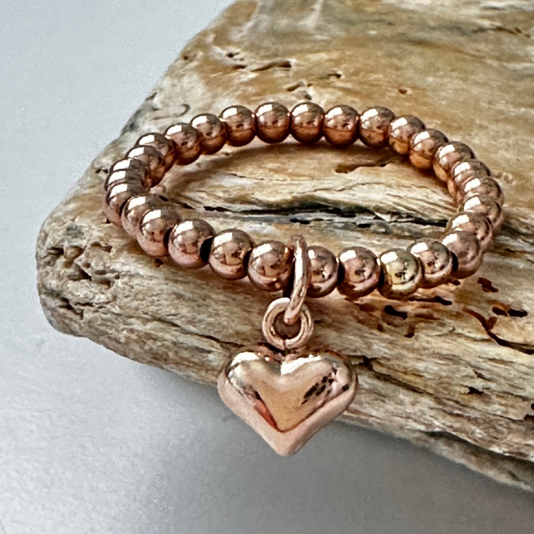 Rose Gold Heart Charm Ring: Beaded Stacking Ring, Handmade - Etsy