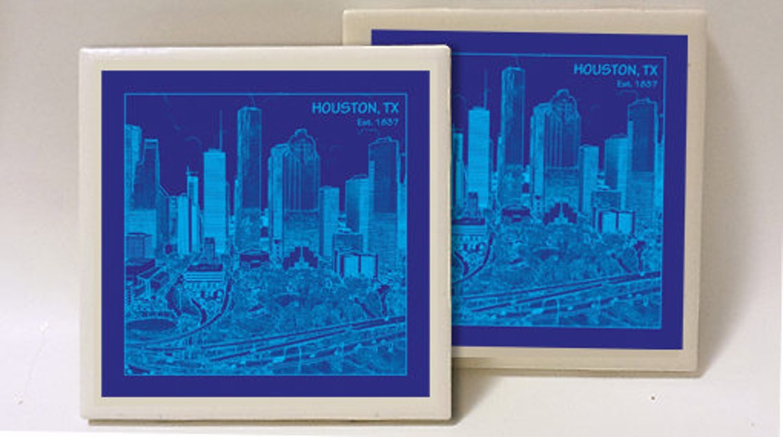 Houston Texas Skyline Downtown Blueprint Set of 2 Ceramic Tile Coasters ...