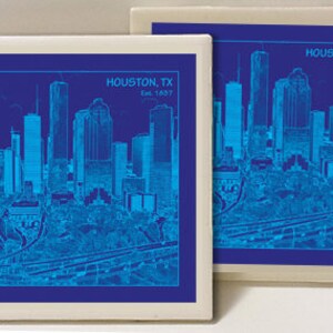 Houston Texas Skyline Downtown Blueprint Set of 2 Ceramic Tile Coasters ...