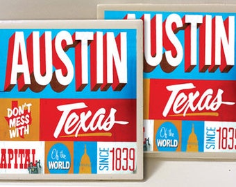 Austin Texas Greeting Sign Set of 2 Ceramic Tile Coasters | Etsy