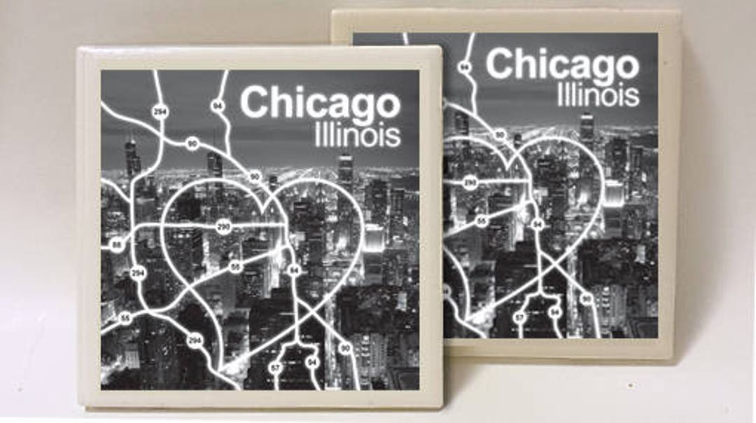 Chicago Love Map Set of 2 Ceramic Tile Coasters - Etsy