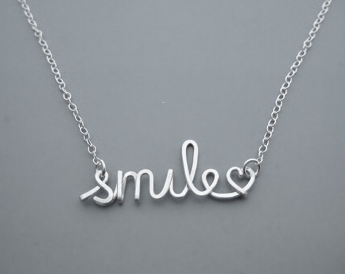 Silver Smile Necklace With A Tiny Heart Cursive Word on Delicate Chain ...