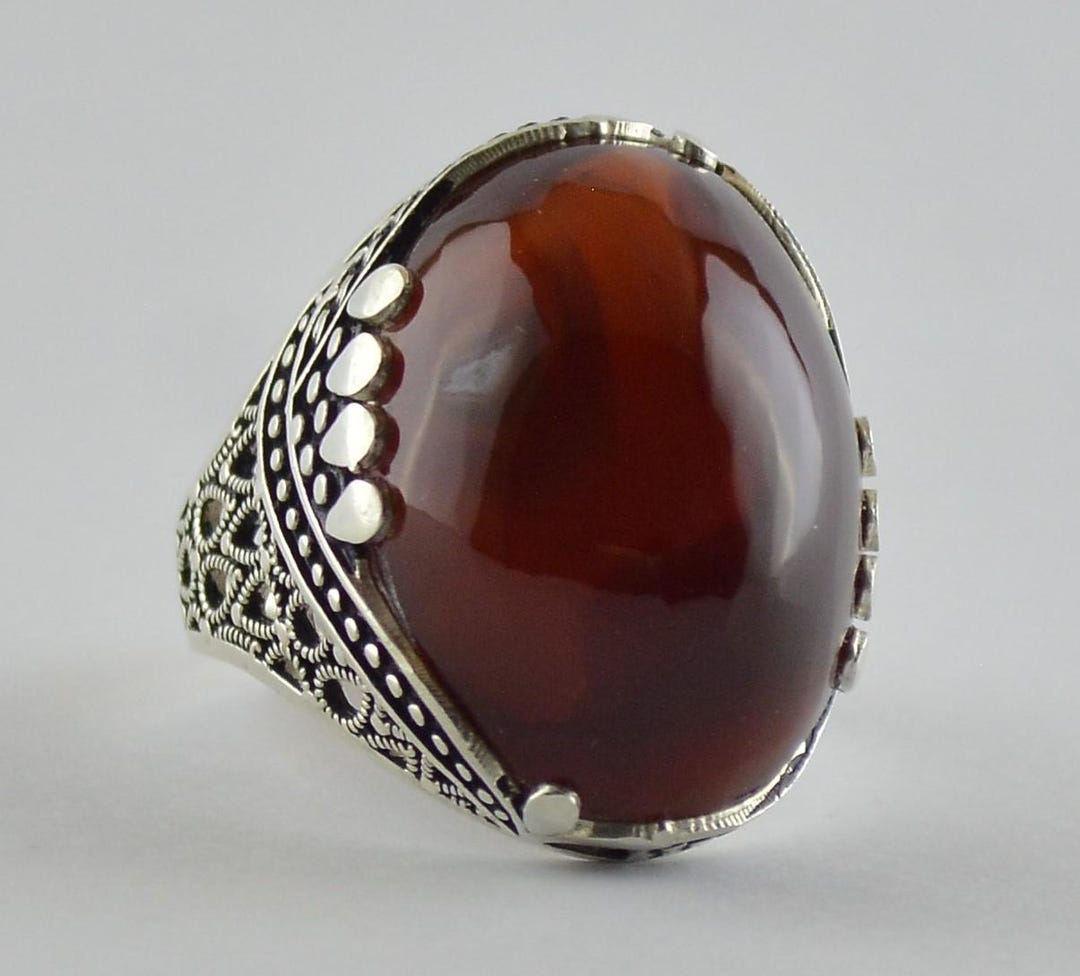 Yemeni Dark Red Aqeeq Agate Real Stone, Handmade Sterling Silver .925 ...