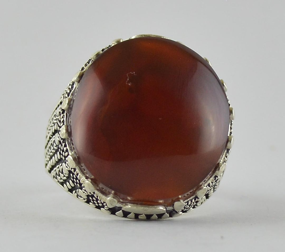 Yemeni Natural Dark Red Kabdi Agate Stone, Yemen Sterling Silver Men ...