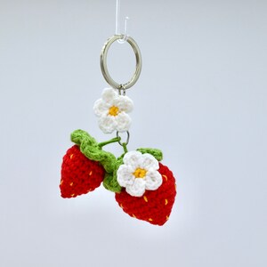 Crochet Strawberry Keychain, Strawberries and Flowers Charm, Keyring ...