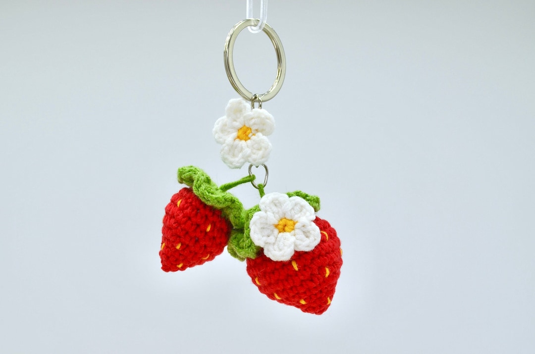 Crochet Strawberry Keychain, Strawberries and Flowers Charm, Keyring ...
