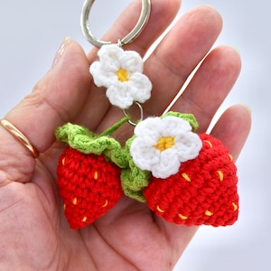 Crochet Strawberry Keychain, Strawberries and Flowers Charm, Keyring ...