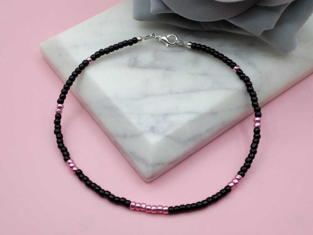 Black & Metallic Pink Seed Bead Anklet for Women - Stainless Steel ...