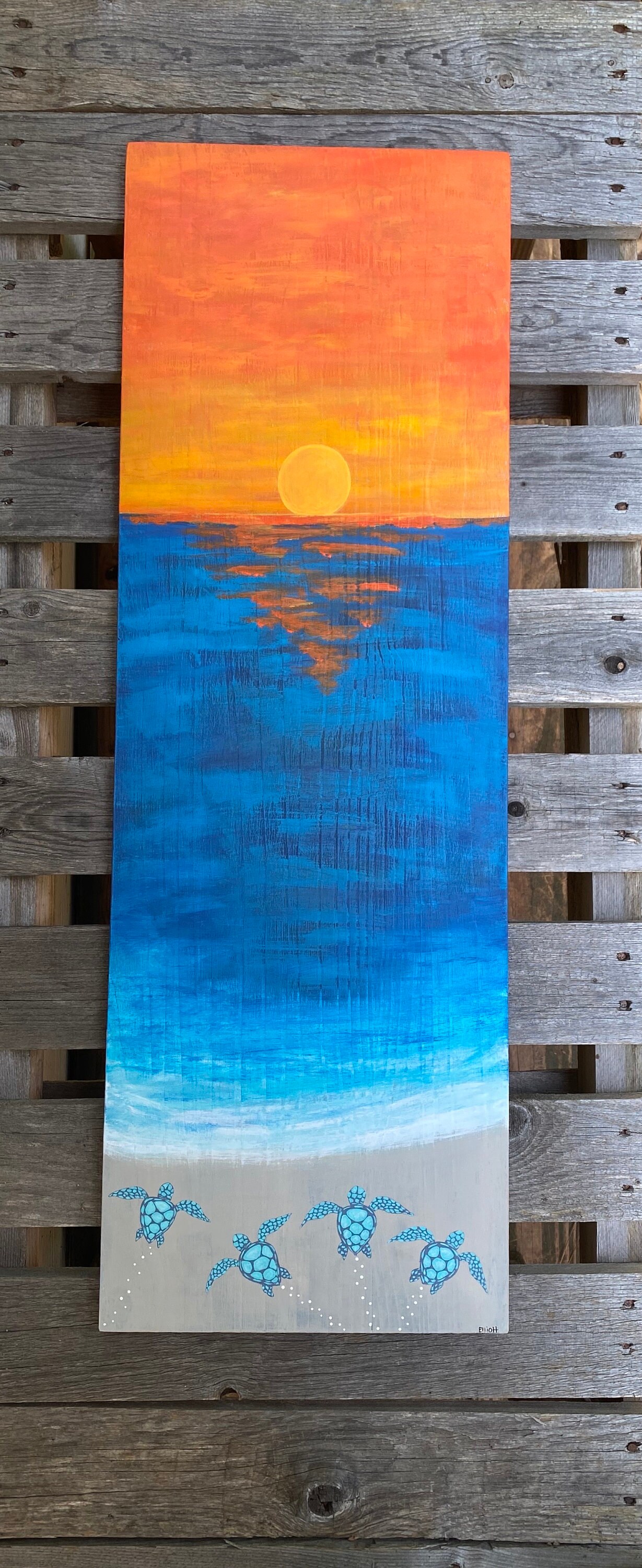 Ocean Sunset Painting, Sea Turtle Painting, Sunset Art, Beach Cottage ...