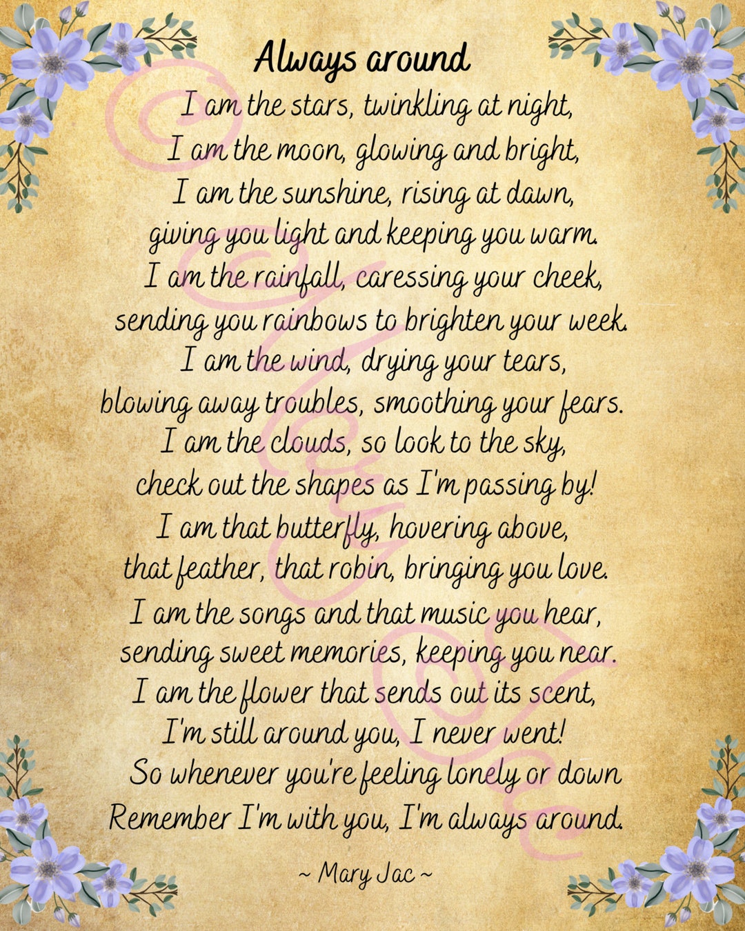 Bereavement Comfort Poem Inspirational Poem Always Around Poem Digital ...