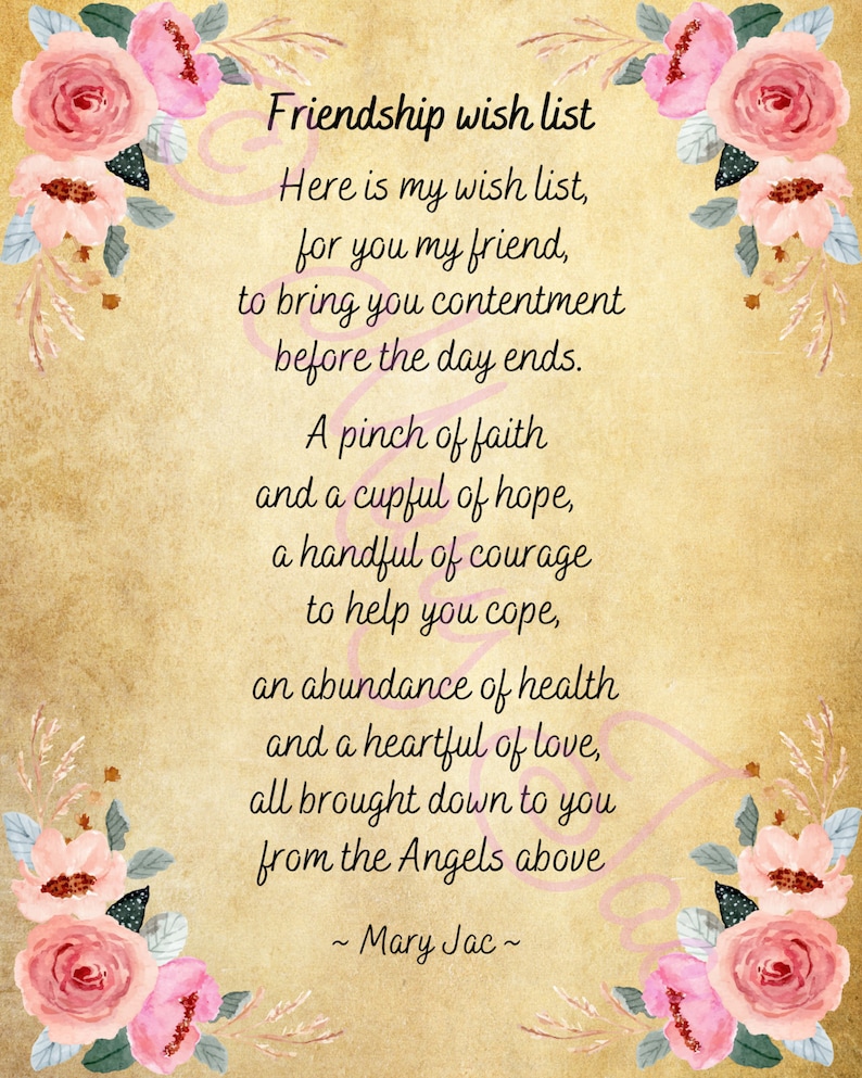 Friendship Wish List - Friend Poem - Angel Poem - Gift for Friend ...