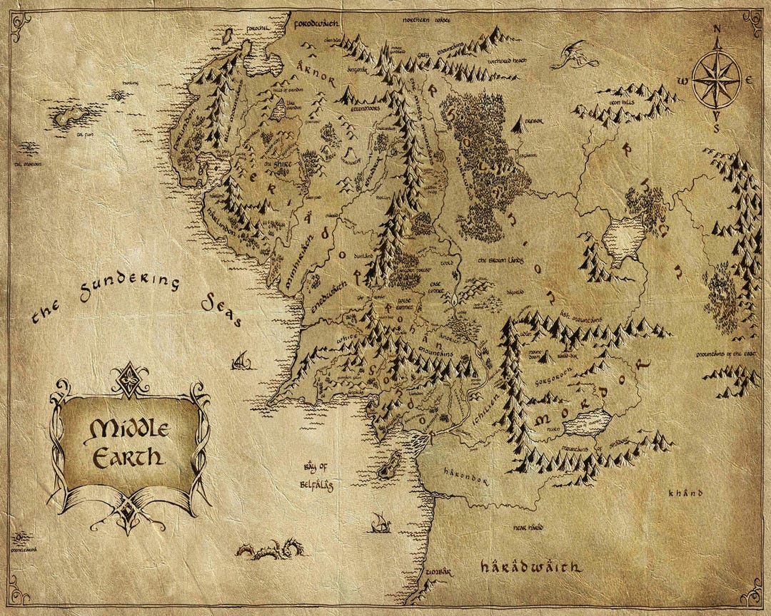 Middle Earth Map From The Book Hand Drawn Weathered Map Of