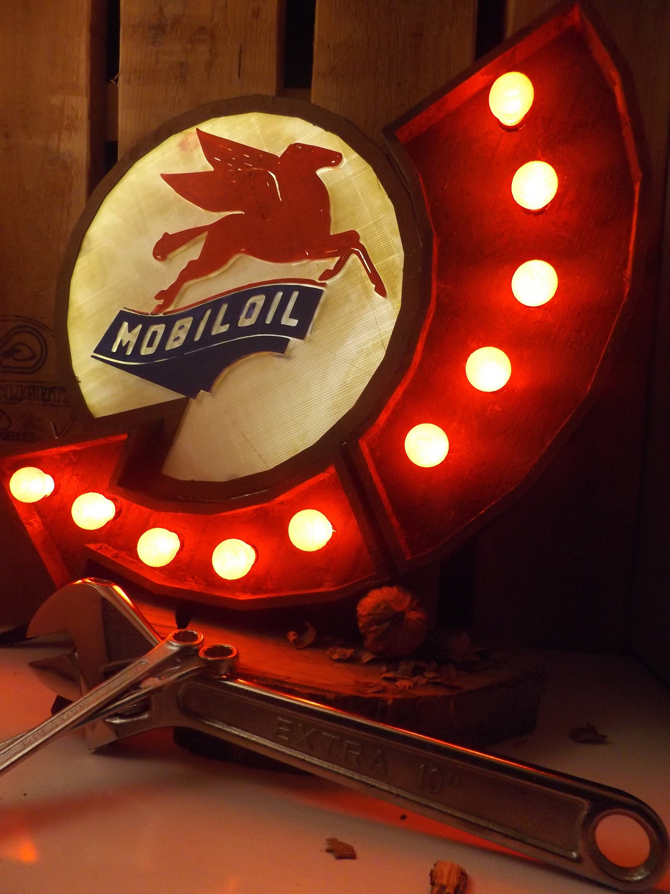 Illuminated Billboard, Garage Sign, Mobiloil. Vintage Advertising Sign ...