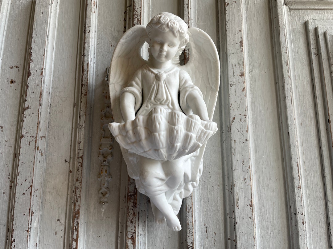 Antique French Angel Benitier Statue, Large White Wall Mounted Winged ...