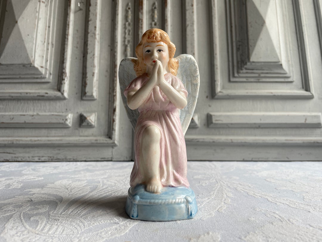 Antique French Angel Benitier Statue, White Free Standing Winged Angel ...