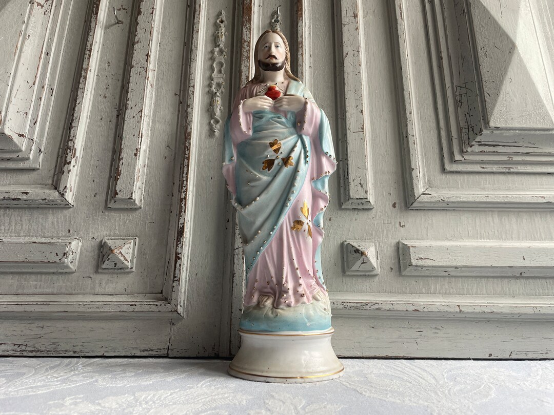 French Vintage Sacred Heart Jesus Statue 1920's Glazed Ceramic ...