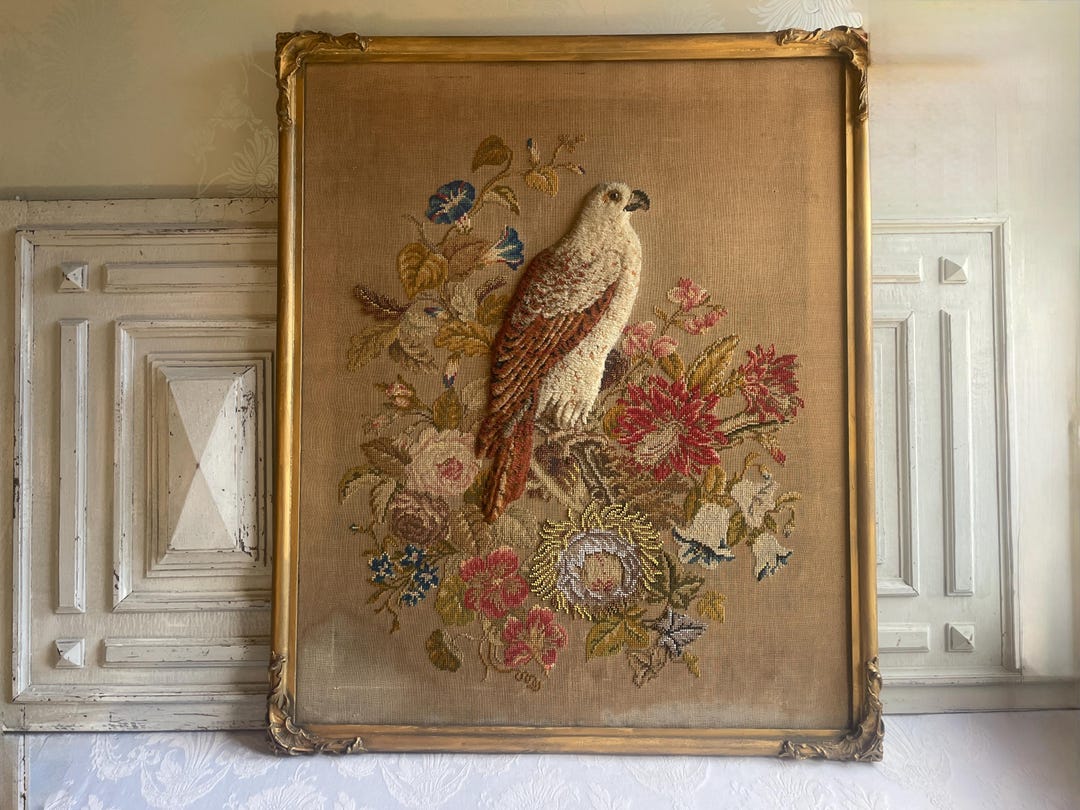 Antique French Embroidery, Bird and Floral Hand Embroidered Picture ...