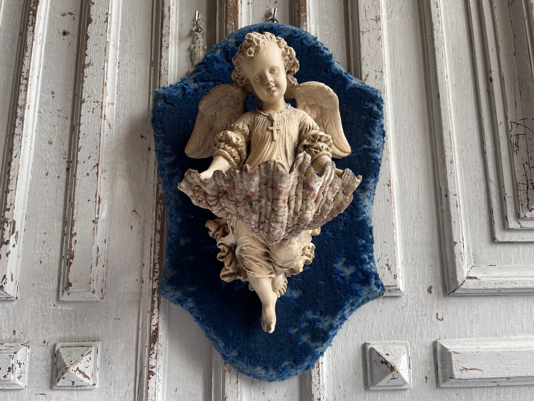 Antique French Winged Angel, Alabaster Winged Cherub, Real Shell ...