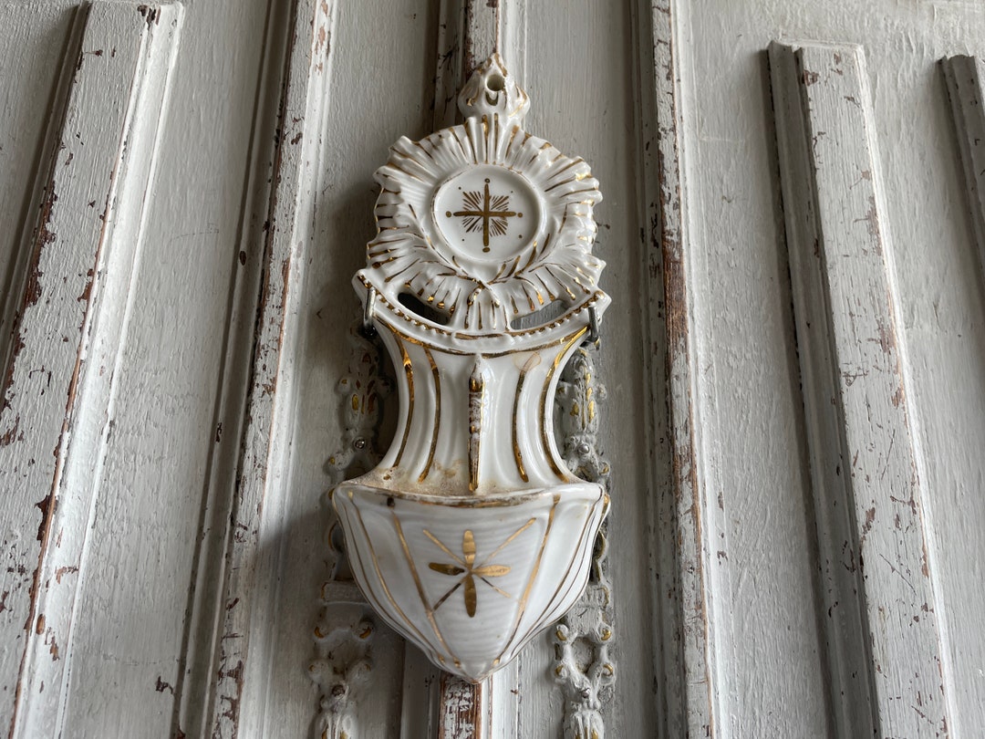Antique French Holy Water Font Benitier Porcelain Lourdes Souvenir ...